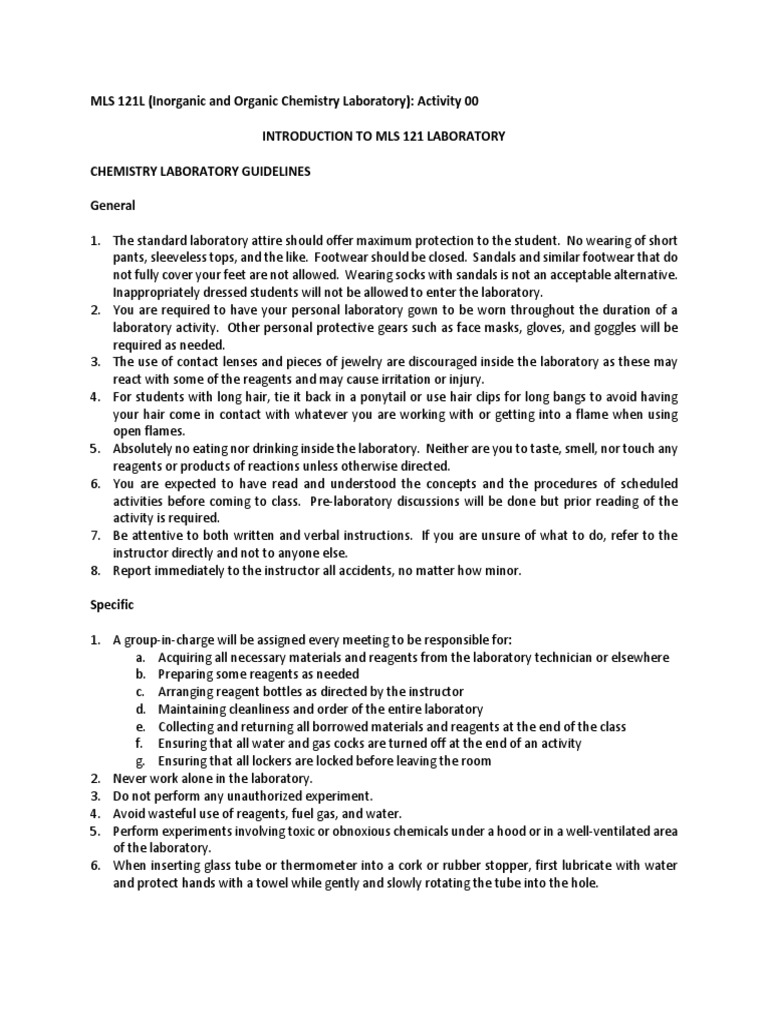 MLS 121L (Inorganic and Organic Chemistry Laboratory) : Activity 00 ...