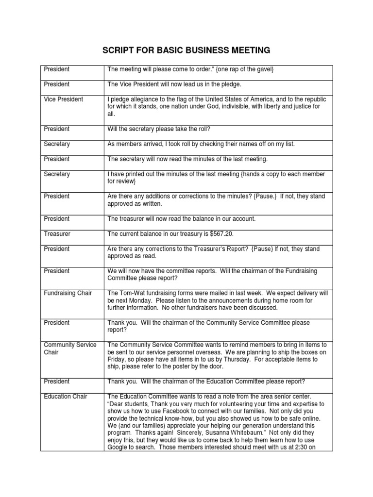 Basic Business Meeting Script | PDF | Government | Public Sphere