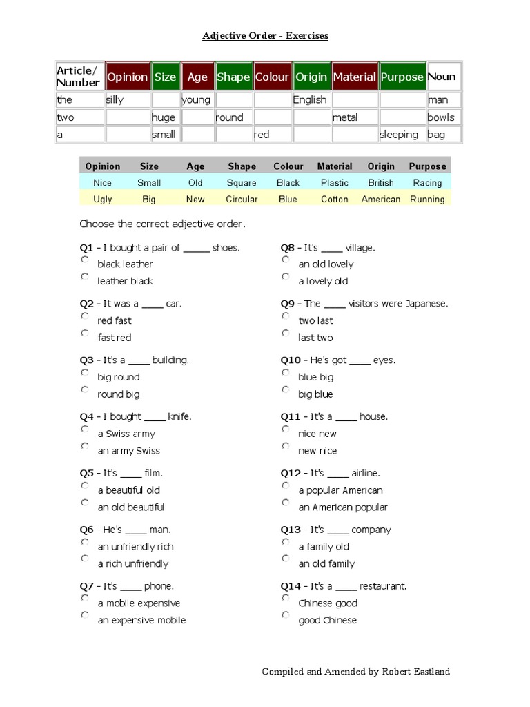 Adjective Order Exercises | Download Free PDF | Syntax | Grammar