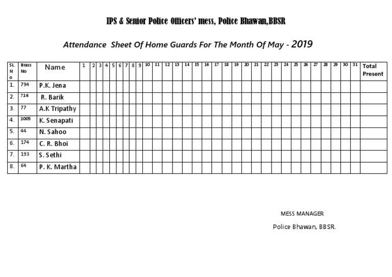Home Guard Attendance Sheet for May 2019 | PDF