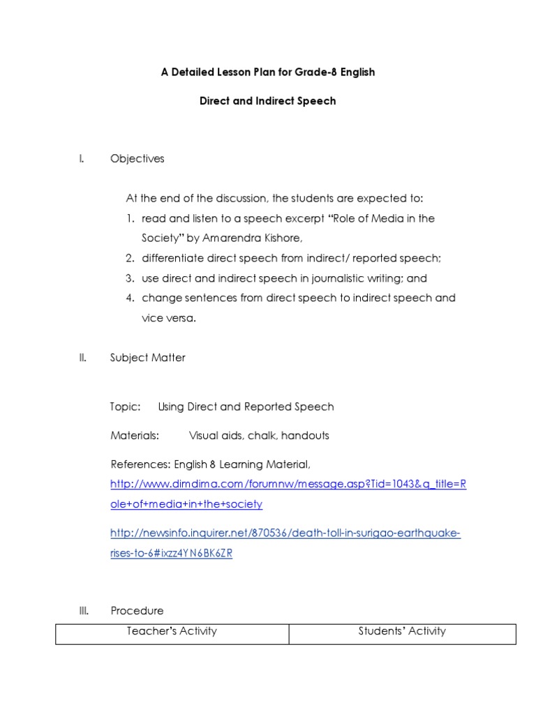 A Detailed Lesson Plan For Grade-8 English Direct and Indirect Speech ...