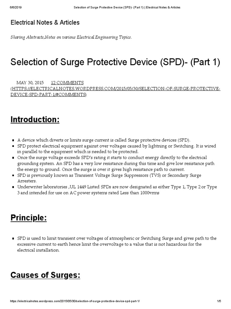 Selection Of Surge Protective Device Spd Part 1 Pdf Power