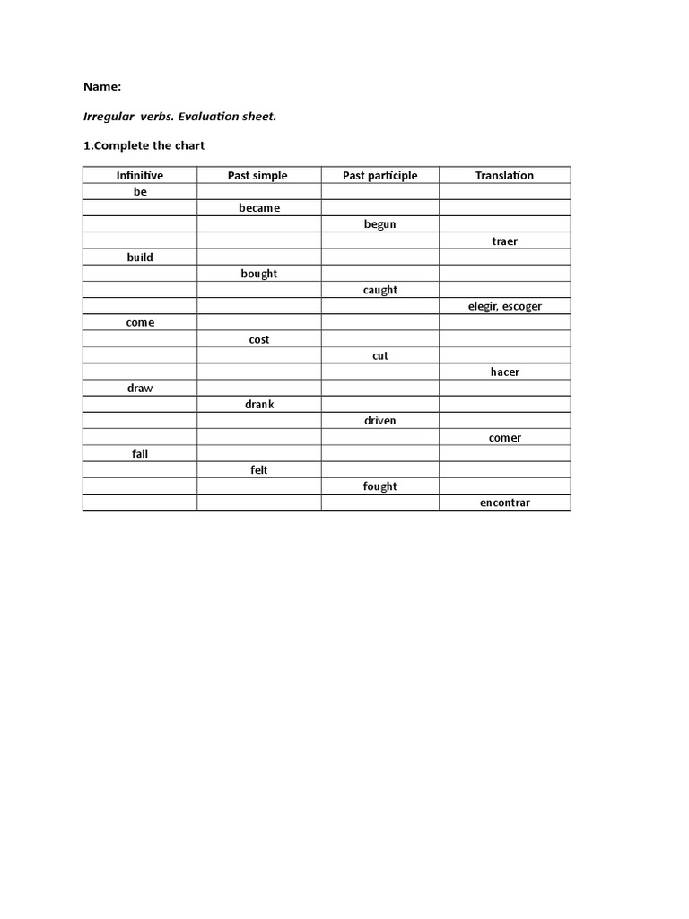 Irregular Verbs Evaluation Sheet | PDF