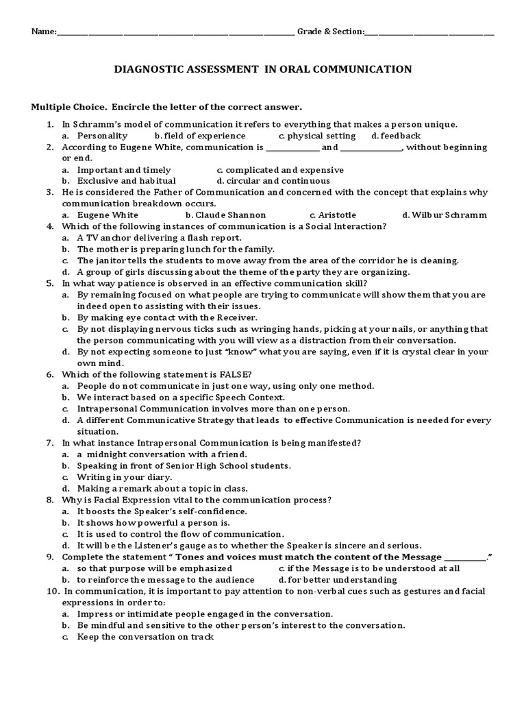 Diagnostic Test Oral Comm | PDF | Nonverbal Communication | Conversation