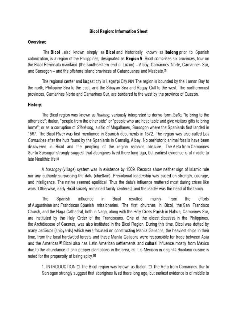 Bicol Region: Information Sheet Overview | PDF