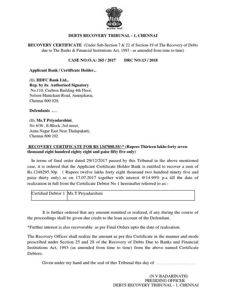 Recovery Certificate Issued by the Debts Recovery Tribunal - 1 in ...