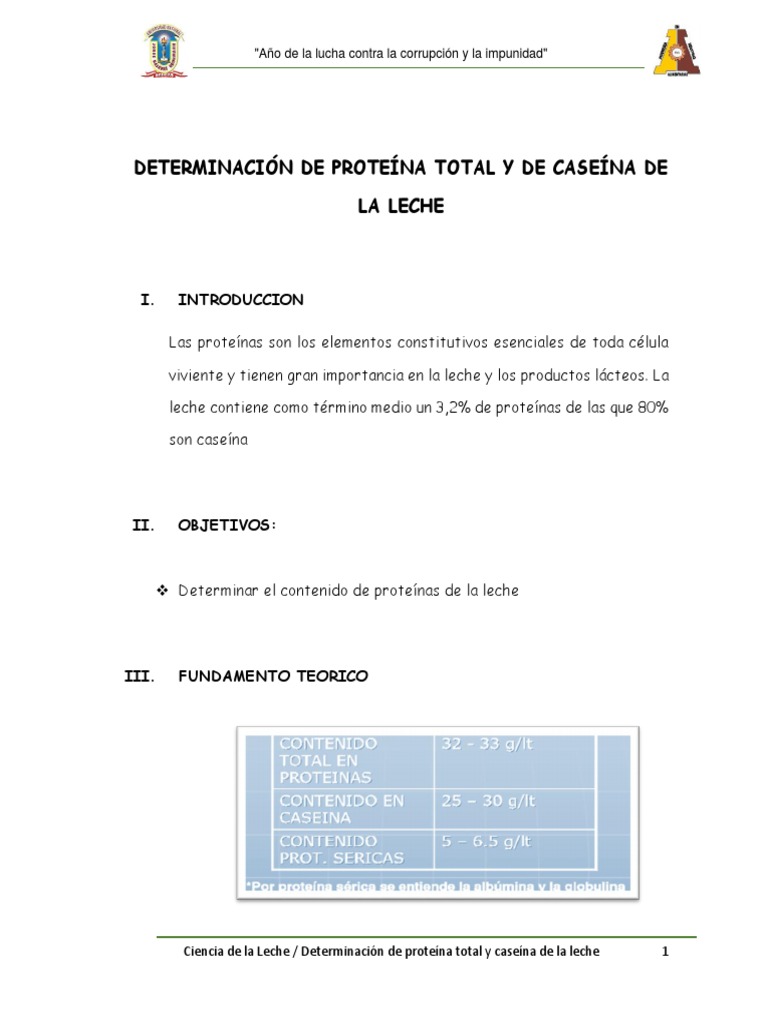 PRACT. 07 Determinacion de Proteina Total en Caseina en La Leche | PDF | Leche | Proteínas