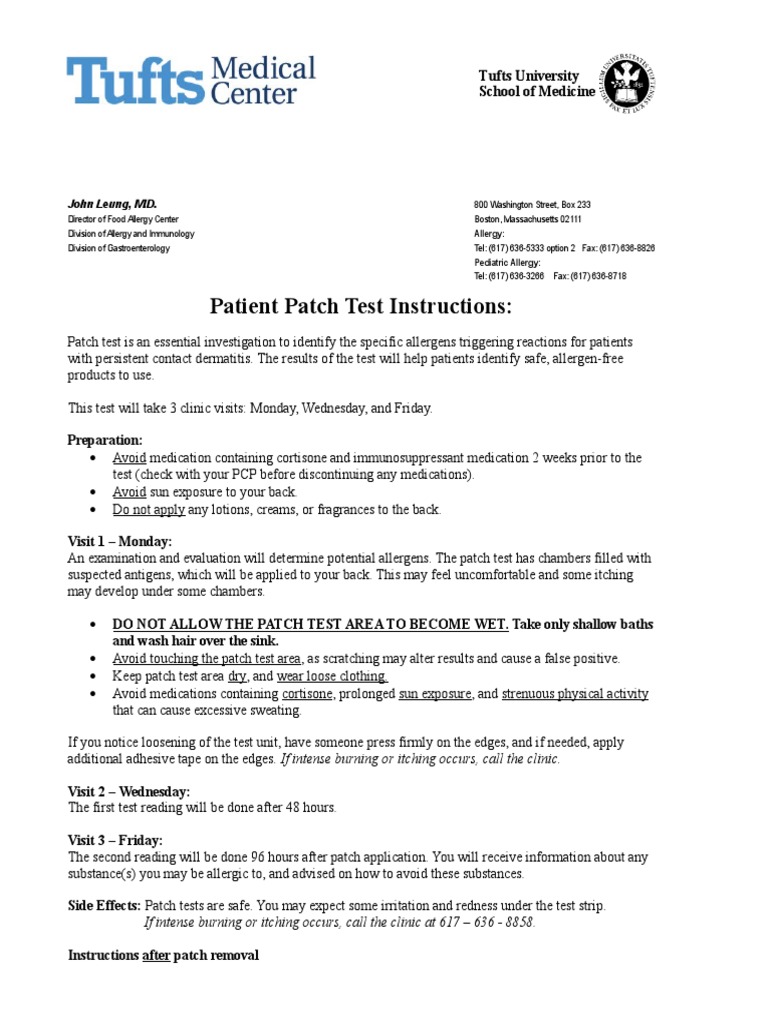 Patient Patch Test Instructions FINAL | PDF | Allergy | Skin