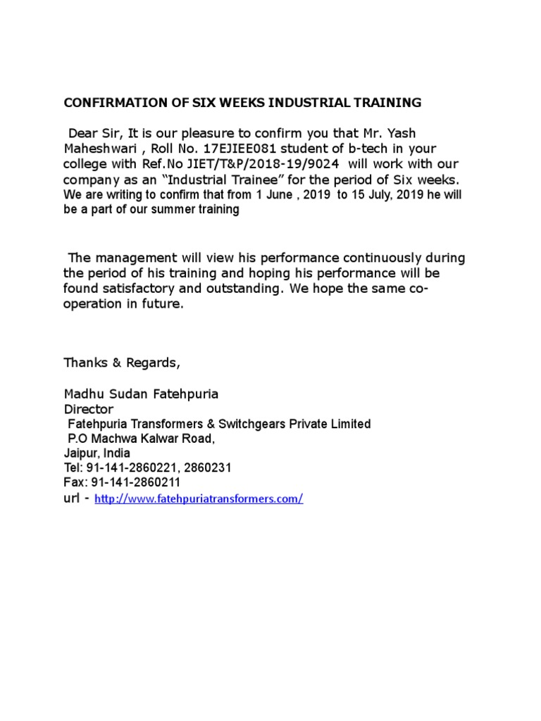 Traininig Confirmation Letter | PDF