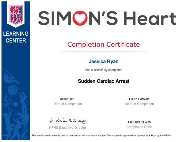 NFHS Sudden Cardiac Arrest Certificate | PDF