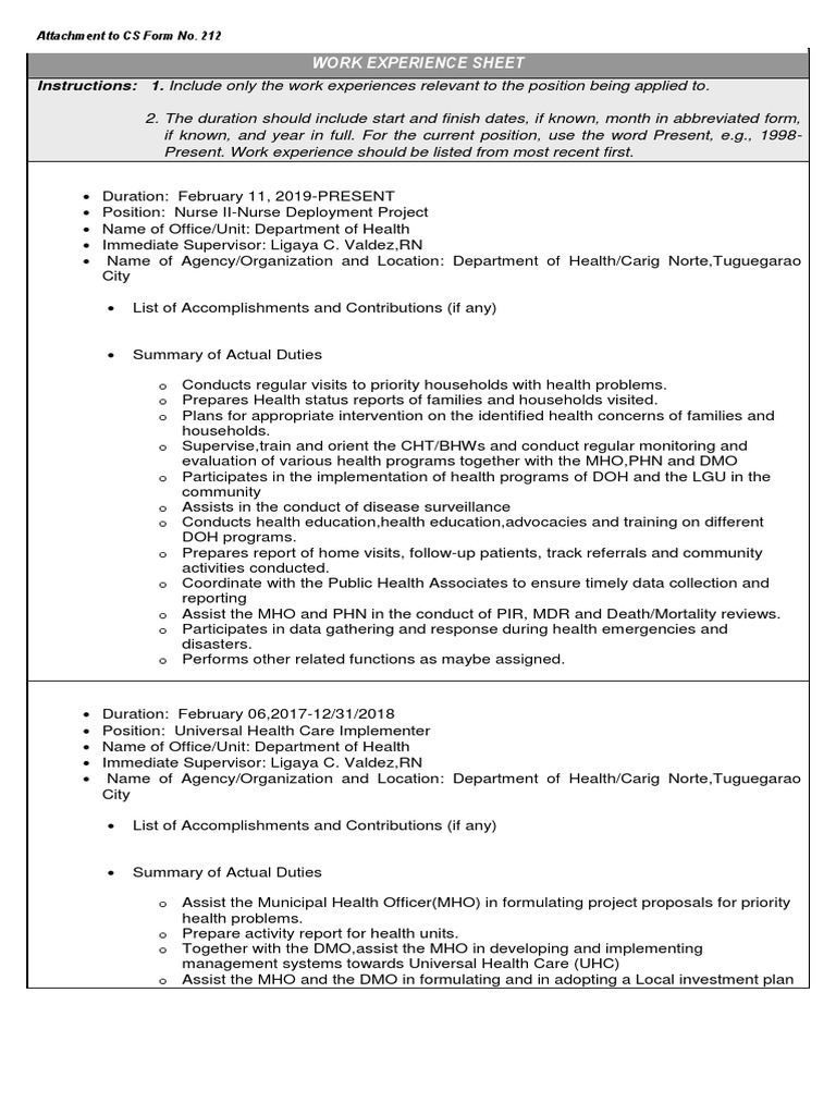 Work Experience Sheet: Instructions: 1. Include Only The Work ...