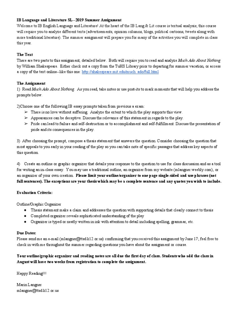 Ib Language and Literature SL - 2019 Summer Assignment | PDF | Thesis ...