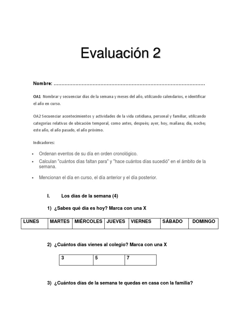 Prueba Dias de La Semana | PDF
