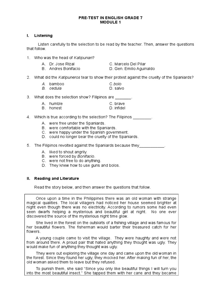 Pre-Test in English Grade 7: A. Bamboo B. Cedula | PDF | Semiotics ...