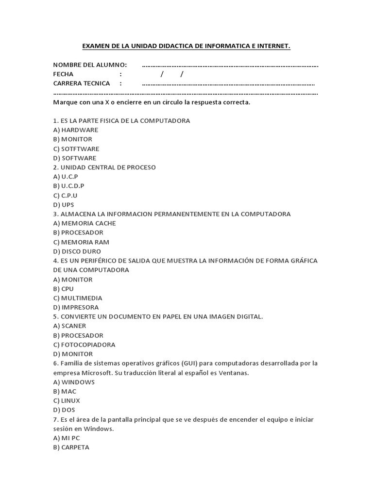 Examen de La Unidad Didactica de Informatica e Internet | PDF | Hardware de la computadora ...