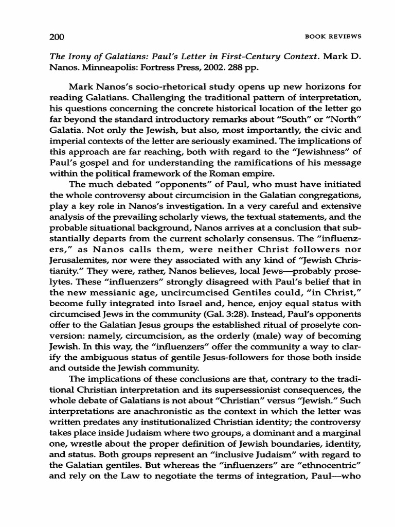 The Irony of Galatians: Paul's Letter in First-Century Context. Mark D ...