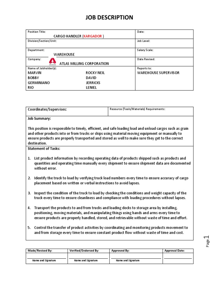 Cargo Handler Job Description at Atlas | PDF | Warehouse | Cargo