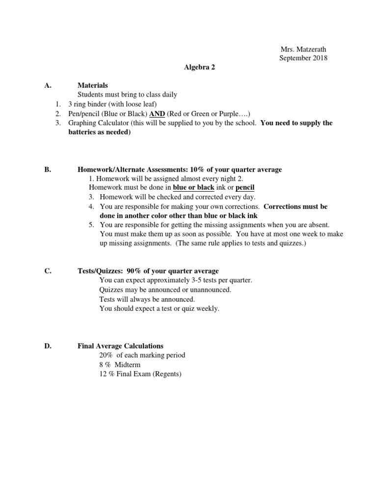 Algebra2 Trig Outline 2018 | PDF | Homework