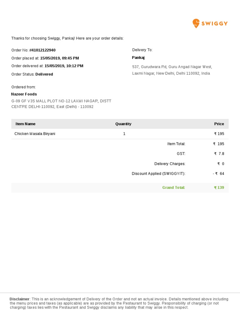 Swiggy Order Confirmation for Pankaj | PDF