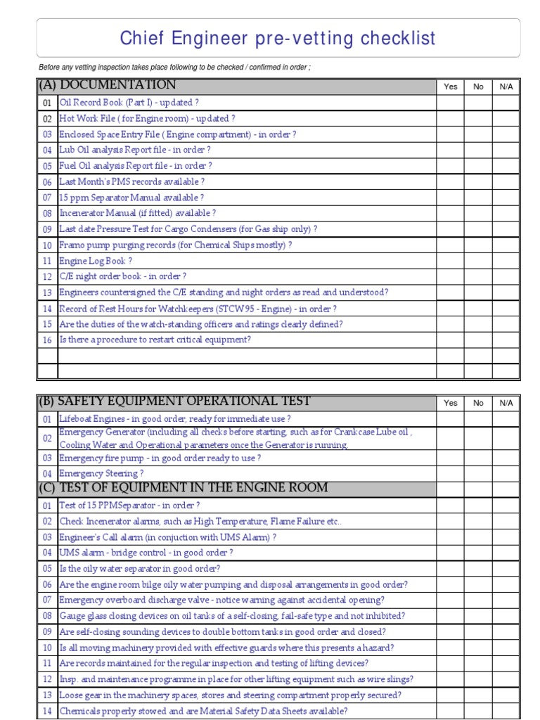 Chief Engineer Pre Vetting Checklist PDF | PDF | Pump | Manufactured Goods