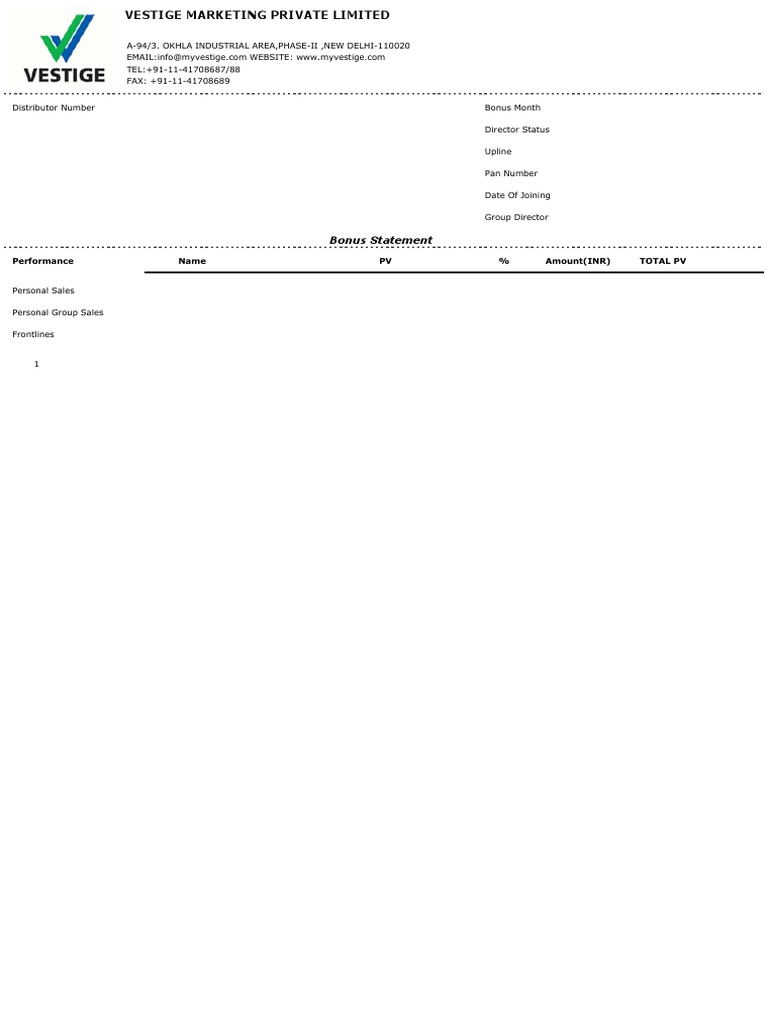 Bonus Statement: Performance Bonus Name PV % Amount (INR) Total PV ...