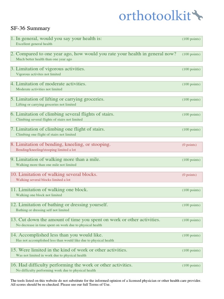 OrthoToolKit SF36 Score Report | PDF | Pain | Neuroscience