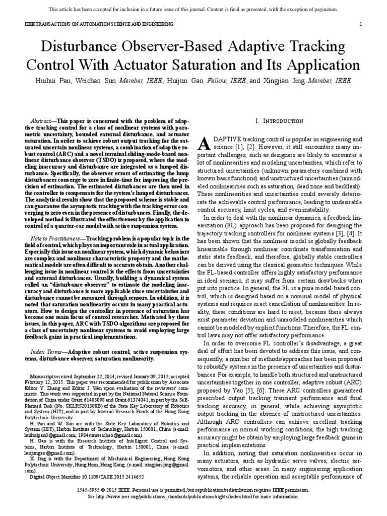 Disturbance Observer Based Adaptive Tracking Control With Actuator