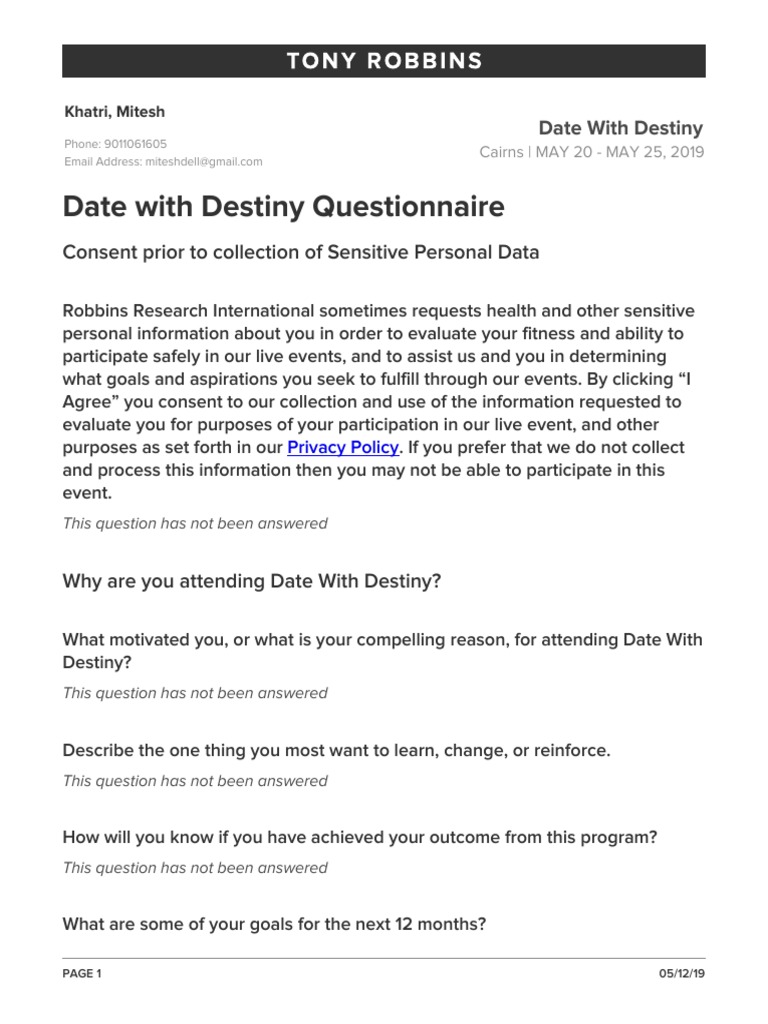 Date With Destiny Questionnaire | PDF | Question | Personally ...