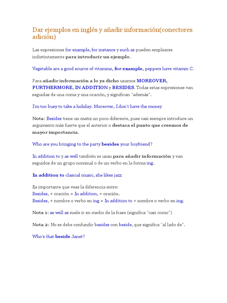 Dar Ejemplos - Añadir Información - Adicion - Moreover, Furthermore, in ...