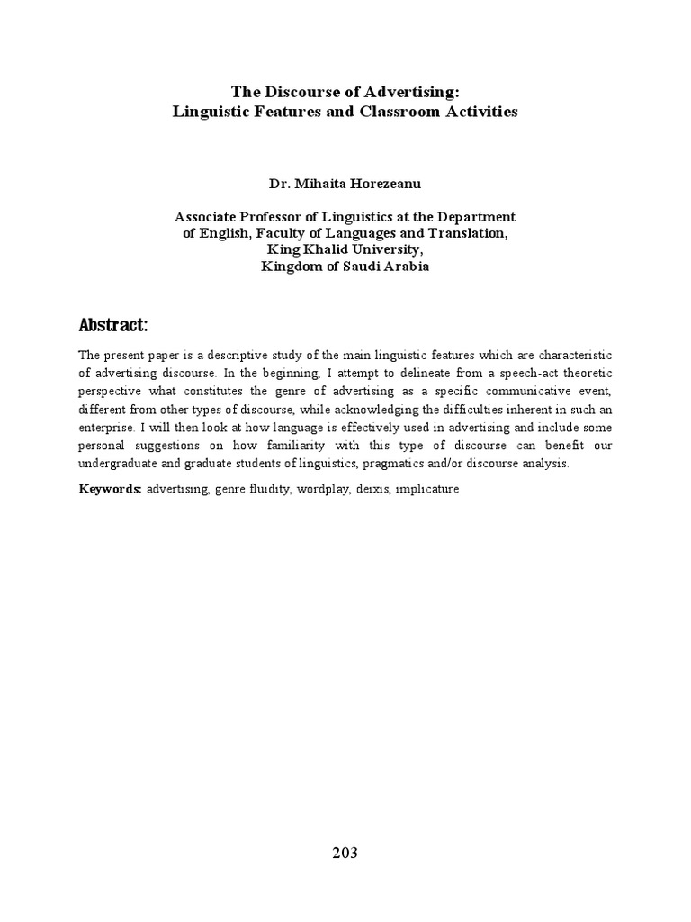 The Discourse of Advertising - Linguistic Features and Classroom ...