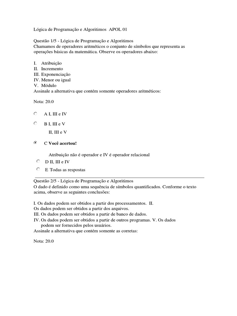 Lógica de Programação e Algoritimos APOL 01 | Download grátis PDF ... Lógica de Programação e Algoritimos APOL 01 | Download grátis PDF ...