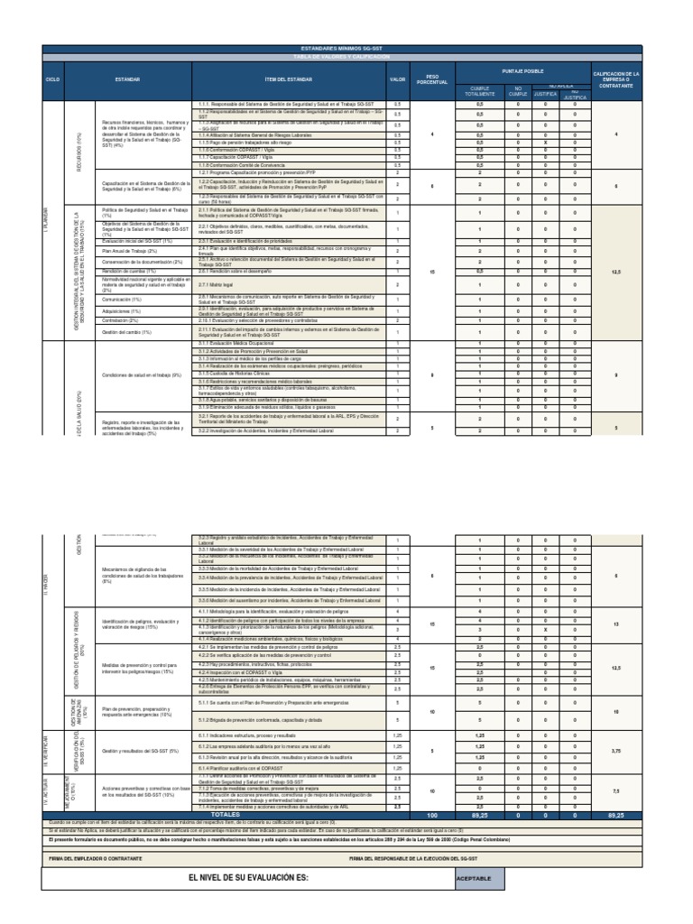 Tabla de Valores y Calificación SGSST | PDF | Bienestar | Medicina