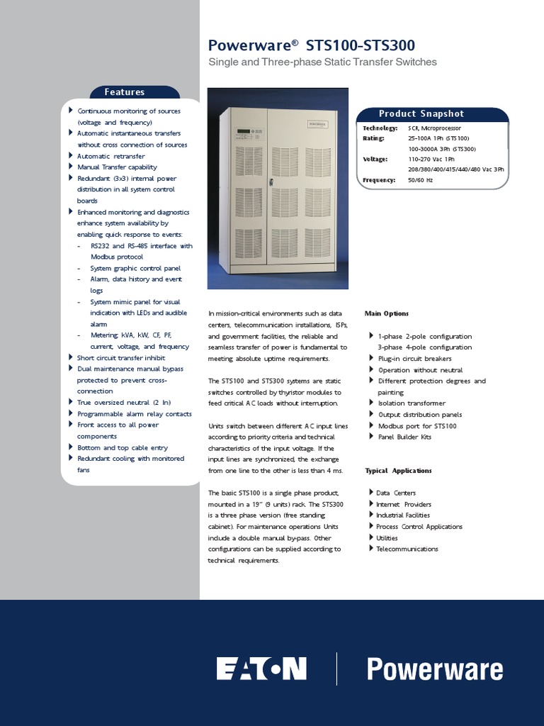 Powerware STS100-STS300: Single and Three-Phase Static Transfer Switches | PDF | Relay ...