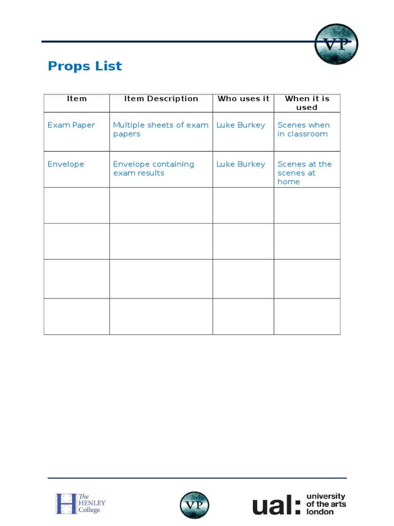 Exam Props List for Classroom Scenes | PDF