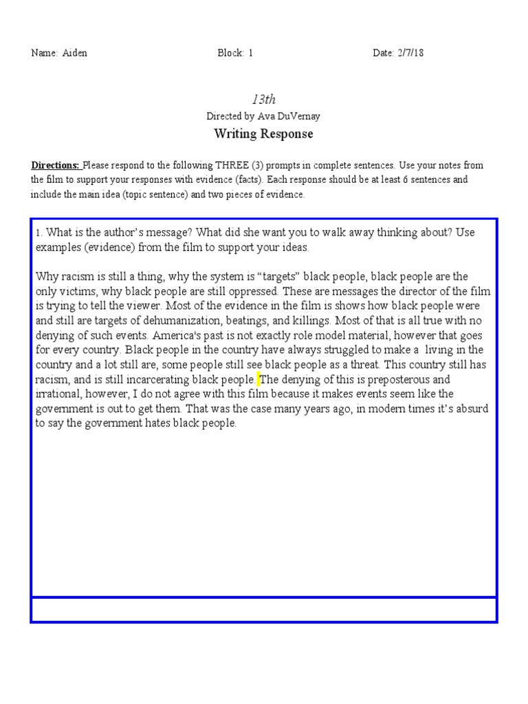 Aiden 13th Writing Response | Download Free PDF | Black People | Slavery