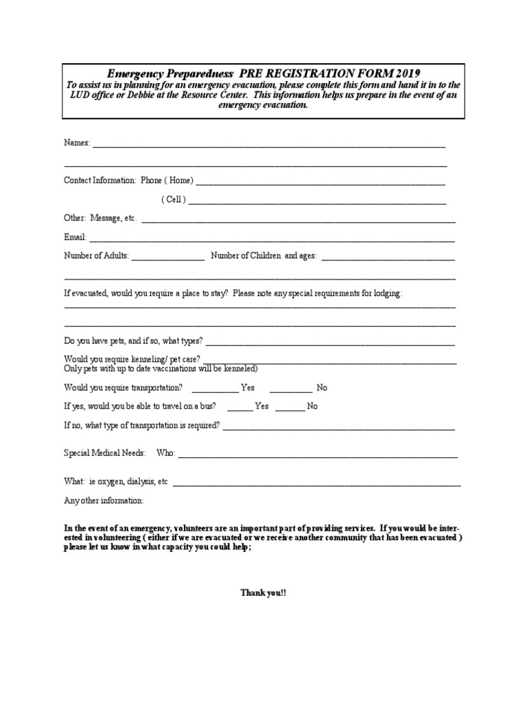 Emerg Evac Pre Registration Form 2019 | PDF
