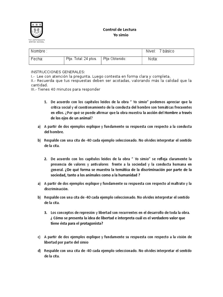 Control de Lectura: "Yo Simio" 7° Básico | PDF | Comportamiento | Sicología