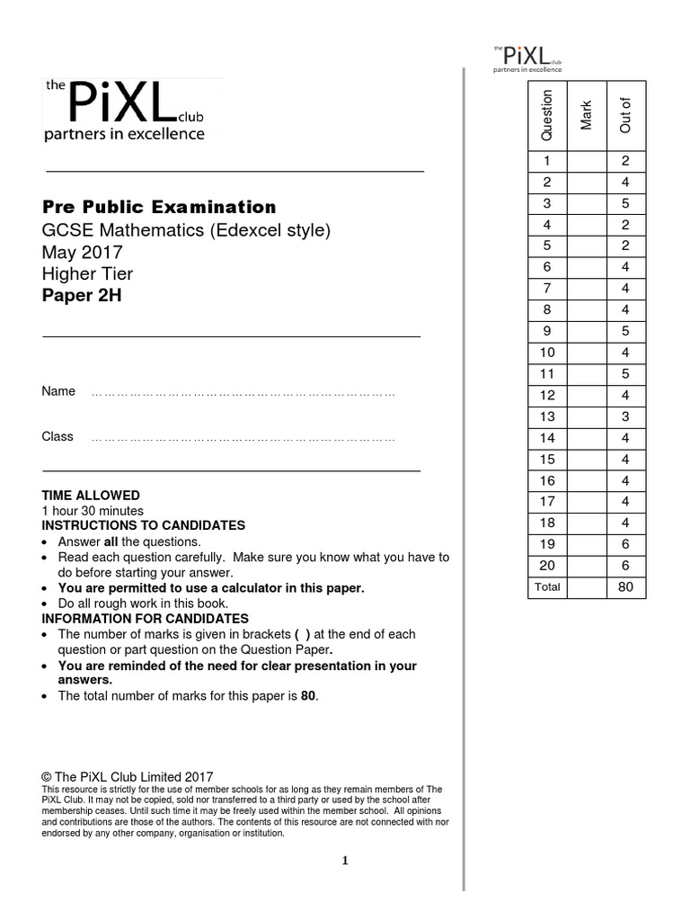 PiXL PPE May Edexcel 2H Question Paper | PDF | Sphere | Volume