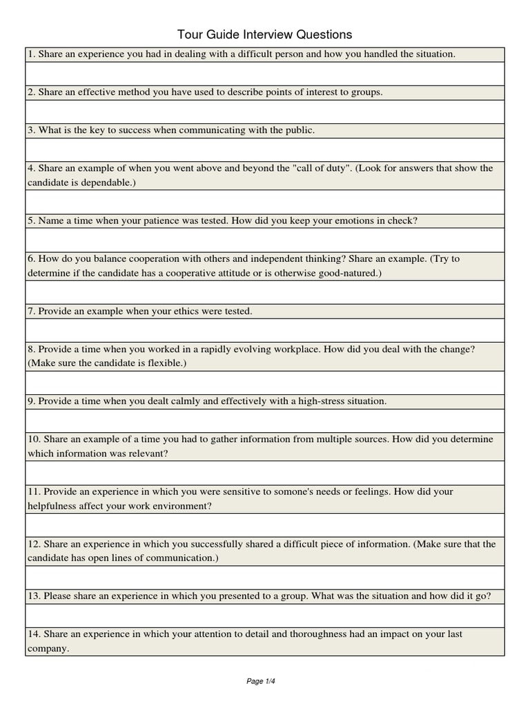 Job Interview Questions For A Tour Guide | PDF | Job Interview ...
