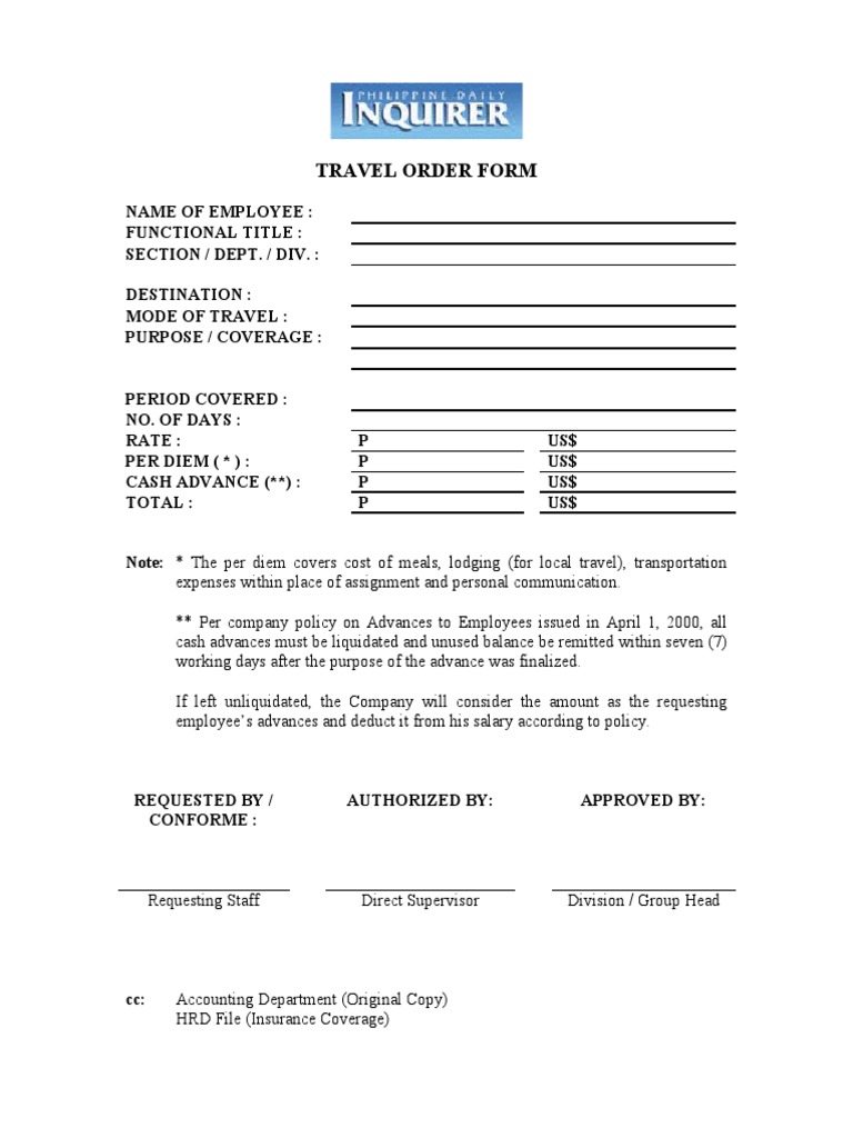 Travel Order Form | PDF