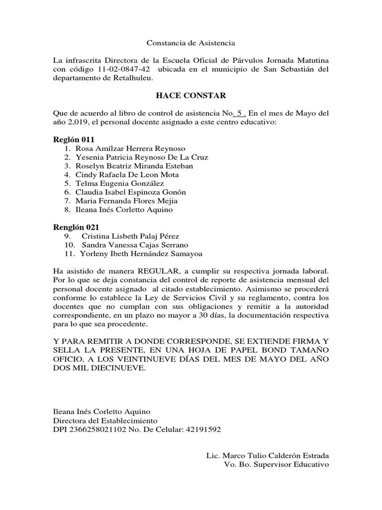 Asistencia Mensual de 2019 | PDF