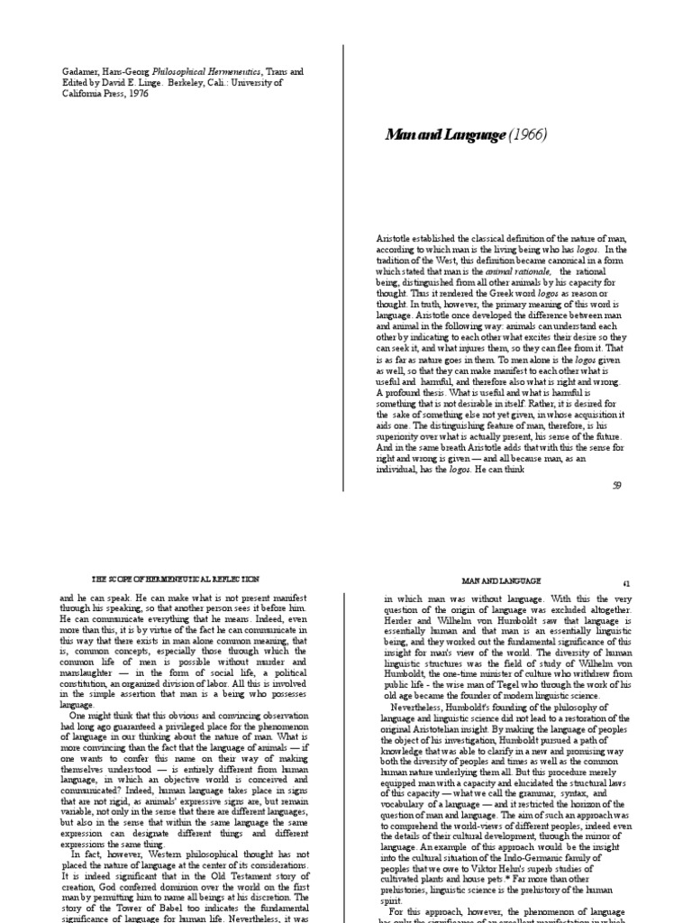 Gadamer, "Man and Language" | PDF | Hermeneutics | Translations