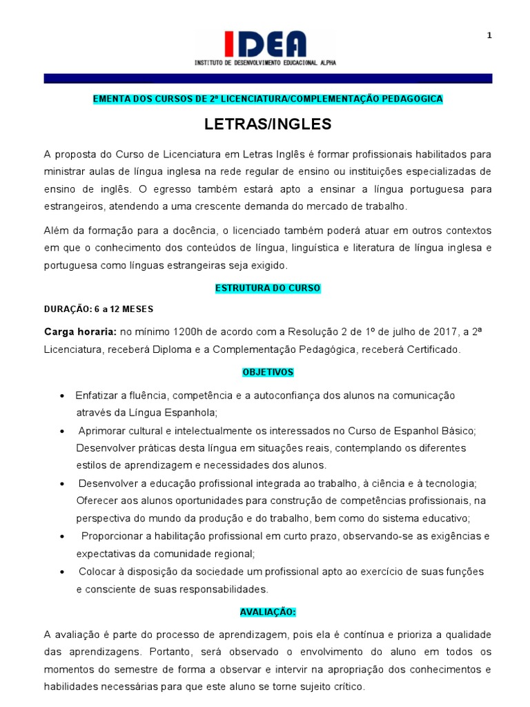 Ementa Do Curso de Letras Ingles PDF | PDF | Pedagogia | Linguística