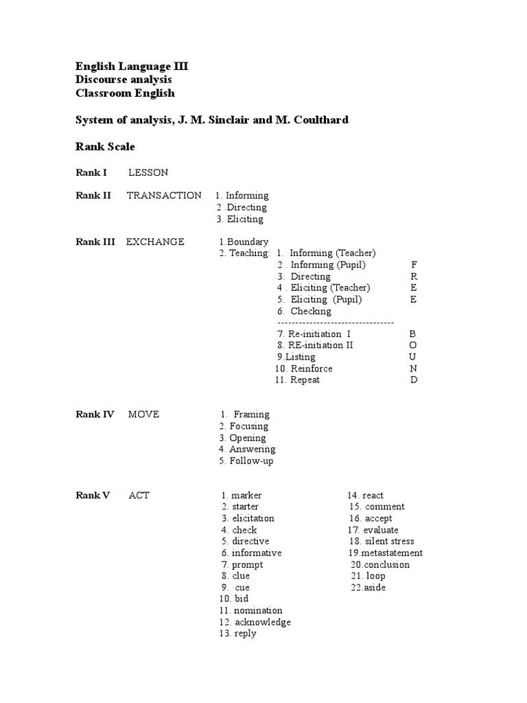 English Language III Discourse Analysis Classroom English System of ...