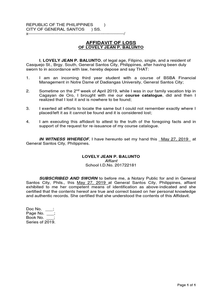 Affidavit of Loss - School ID | PDF