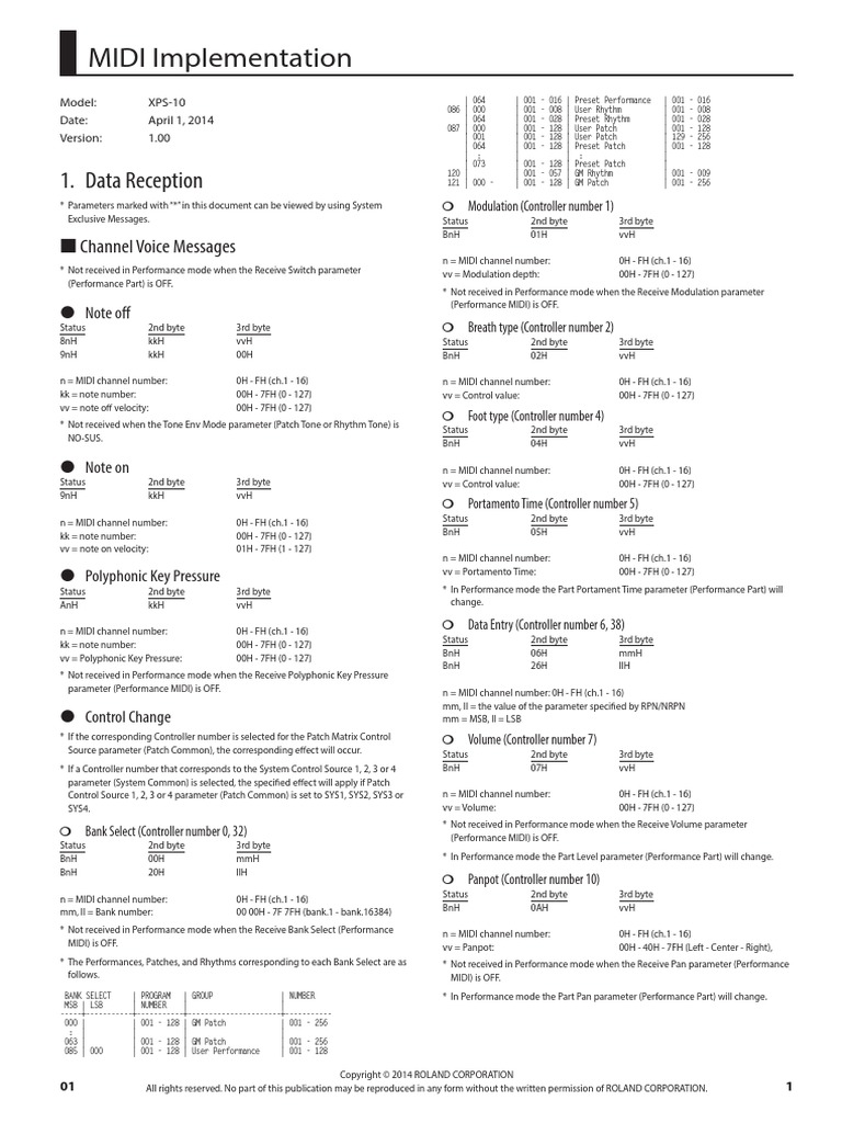 Xps-10 Midi Imple E01 | PDF | Synthesizer | Pitch (Music)