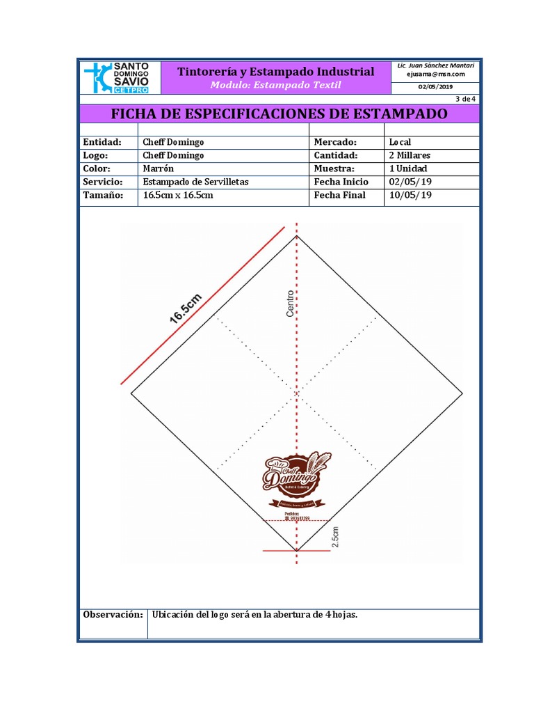 Ficha de Servilleta 2, Especificación de Estampado | PDF