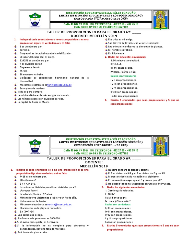 Taller de Proposiciones | PDF | Enseñanza de matemática | Naturaleza
