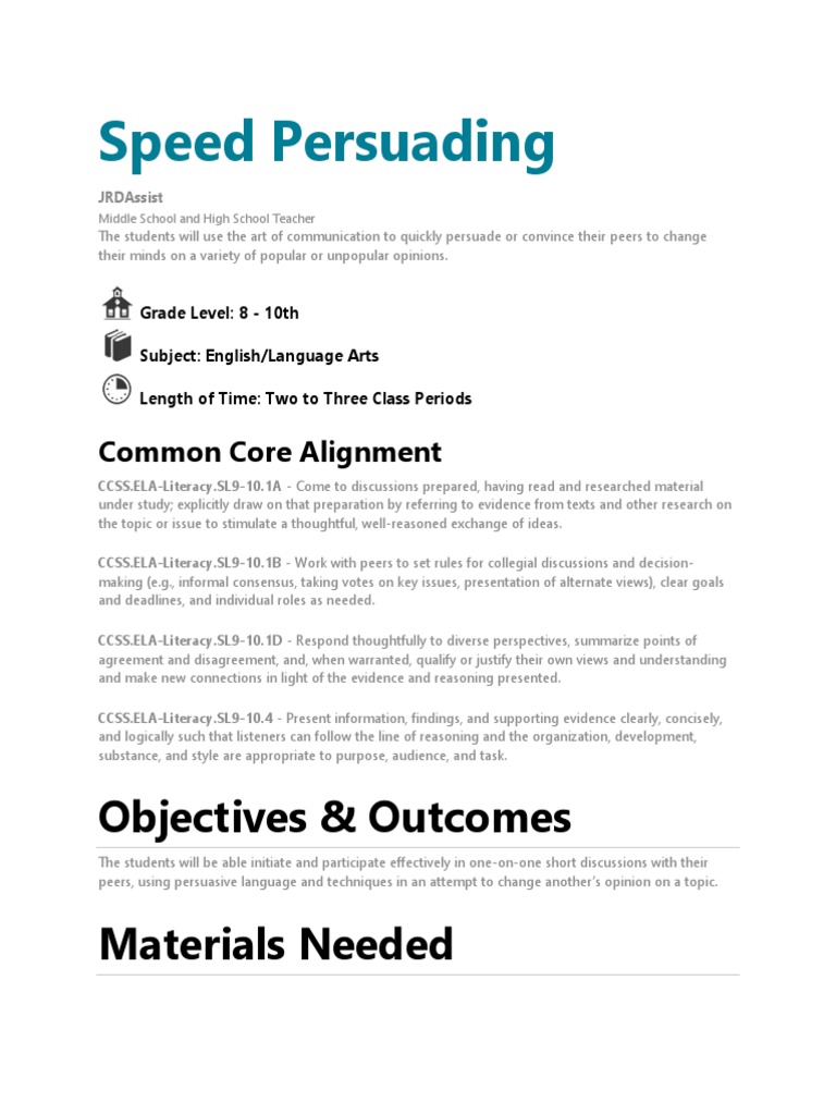 Lesson Plan Speed Persuading | PDF | Persuasion | Teachers