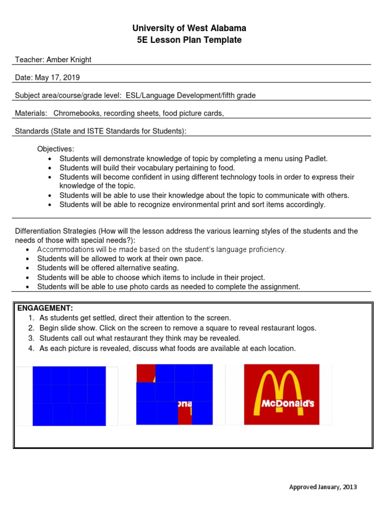 University of West Alabama 5E Lesson Plan Template: Engagement | PDF ...